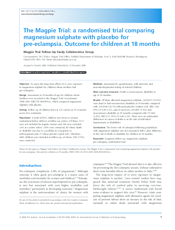 (PDF) The Magpie trial: a randomised trial comparing magnesium sulphate ...