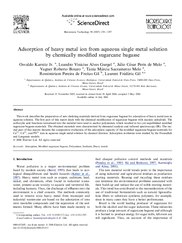 (PDF) Adsorption of heavy metal ion from aqueous single metal solution by chemically modified ...