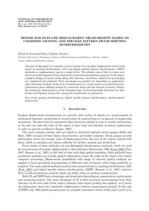 (PDF) Sensor for In-Plane Displacement Measurement Based on Combined Grating and Speckle Pattern ...