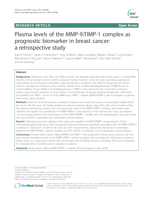 (PDF) Plasma levels of the MMP-9:TIMP-1 complex as prognostic biomarker ...