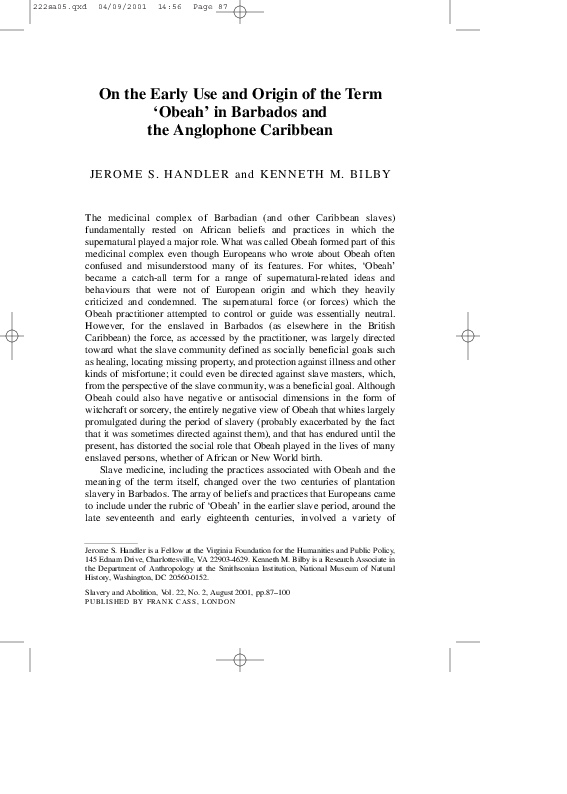 (PDF) On the Early Use and Origin of the Term 'Obeah' in Barbados and ...
