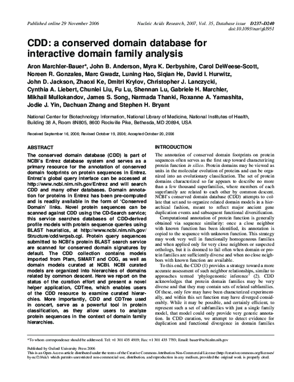 (PDF) CDD: a conserved domain database for interactive domain family ...
