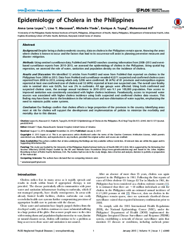 (PDF) Epidemiology of cholera in the Philippines