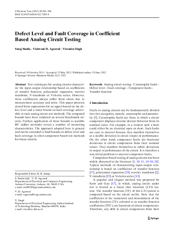 Pdf Defect Level And Fault Coverage In Coefficient Based Analog Circuit Testing