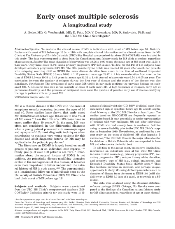 (PDF) Early onset multiple sclerosis A longitudinal study