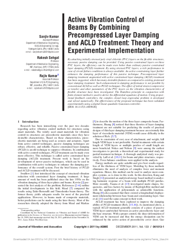 (PDF) Active Vibration Control of Beams By Combining Precompressed Layer Damping and ACLD ...