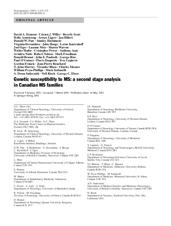 (PDF) Genetic susceptibility to MS: a second stage analysis in Canadian ...