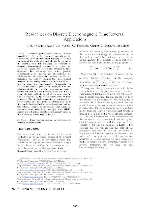 (PDF) Resonances on discrete electromagnetic time reversal applications