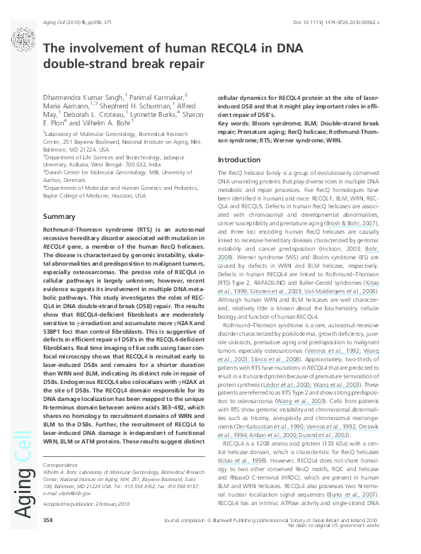 (PDF) The involvement of human RECQL4 in DNA double-strand break repair