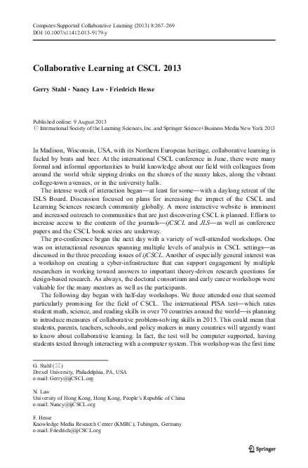(PDF) Collaborative Learning at CSCL 2013