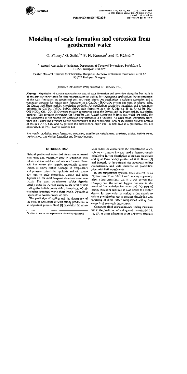 (PDF) Modeling of scale formation and corrosion from geothermal water