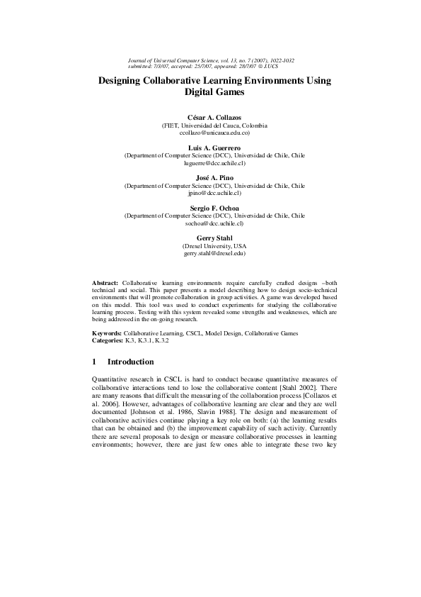 (PDF) Designing collaborative learning environments using digital games