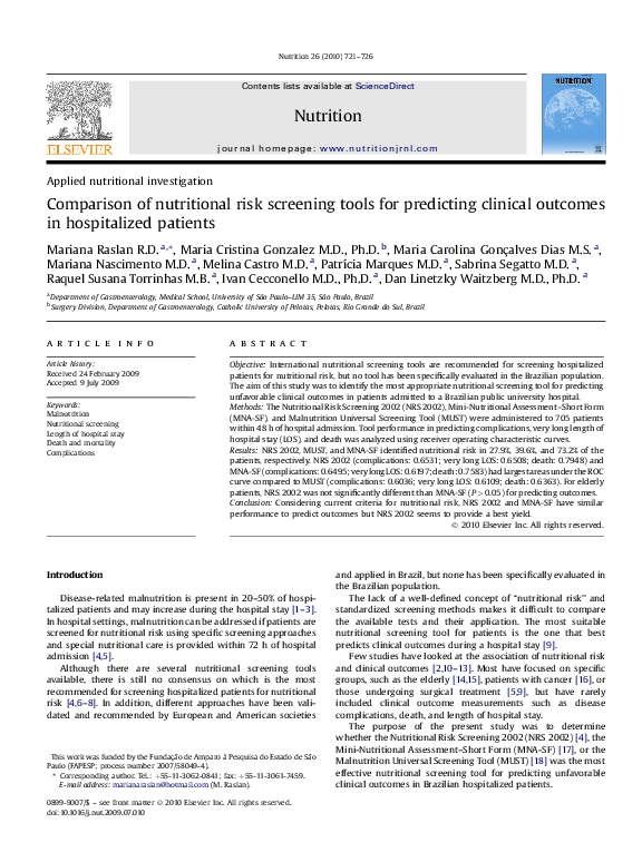 (PDF) Comparison of nutritional risk screening tools for predicting ...