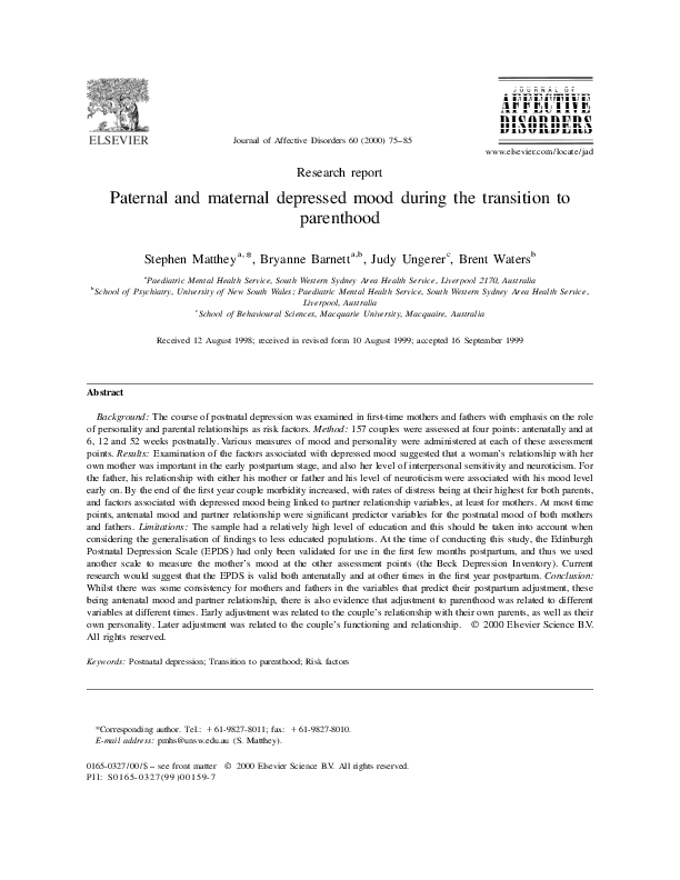 (PDF) Paternal and maternal depressed mood during the transition to parenthood