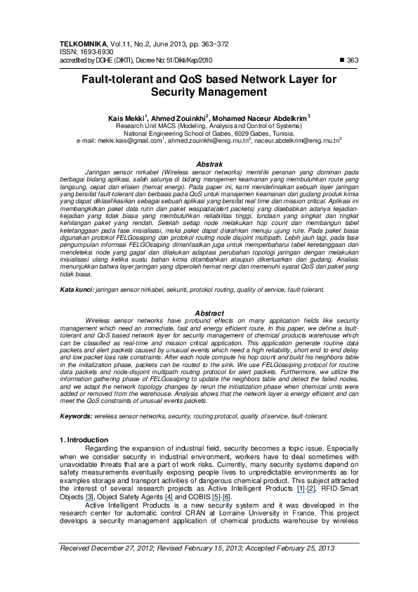 (PDF) Fault-tolerant and QoS based network layer for security management
