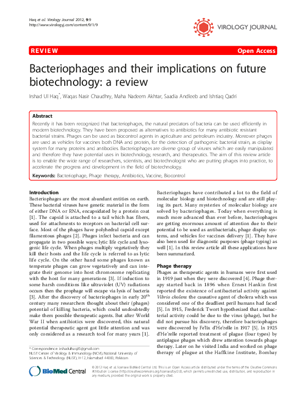 (PDF) Bacteriophages and their Implications on Future Biotechnology: A Review