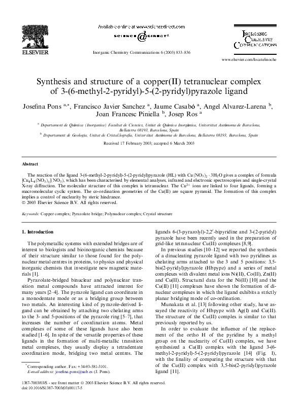 (PDF) Synthesis and structure of a copper(II) tetranuclear complex of 3-(6-methyl-2-pyridyl)-5 ...