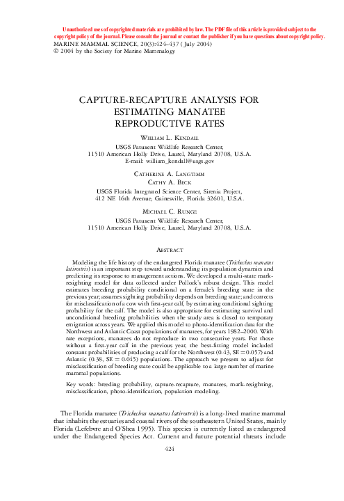 (PDF) CAPTURE-RECAPTURE ANALYSIS FOR ESTIMATING MANATEE REPRODUCTIVE RATES