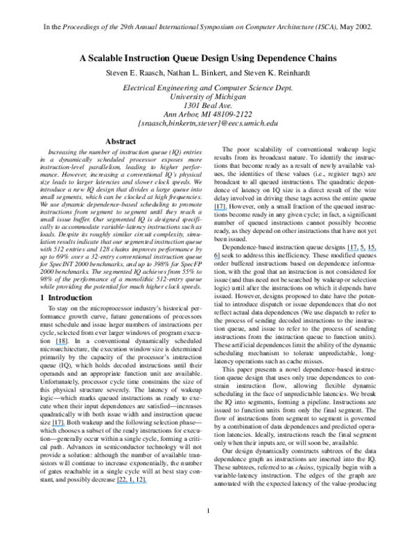 (PDF) A scalable instruction queue design using dependence chains