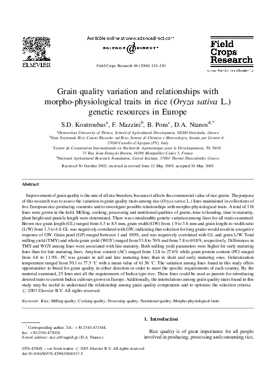 (PDF) Grain quality variation and relationships with morpho-physiological traits in rice (Oryza ...