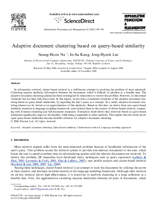 Pdf Adaptive Document Clustering Based On Query Based Similarity