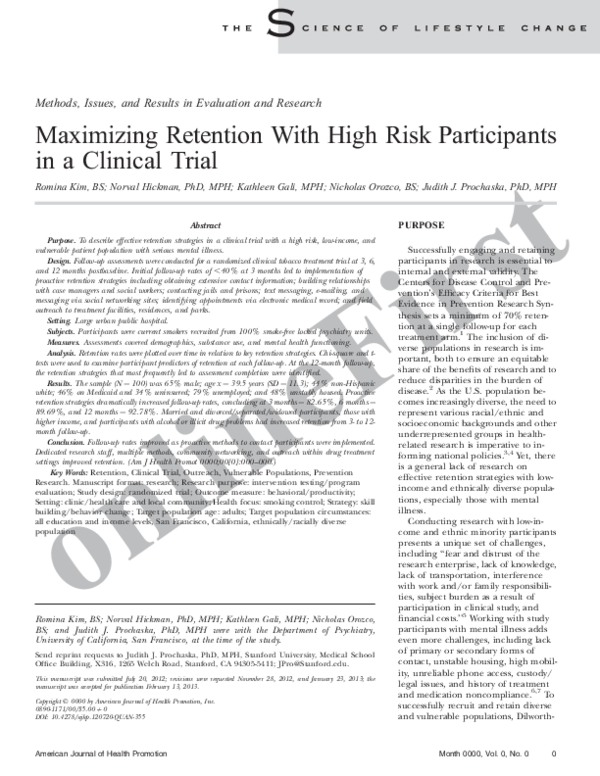 (PDF) Maximizing Retention With High Risk Participants in a Clinical Trial