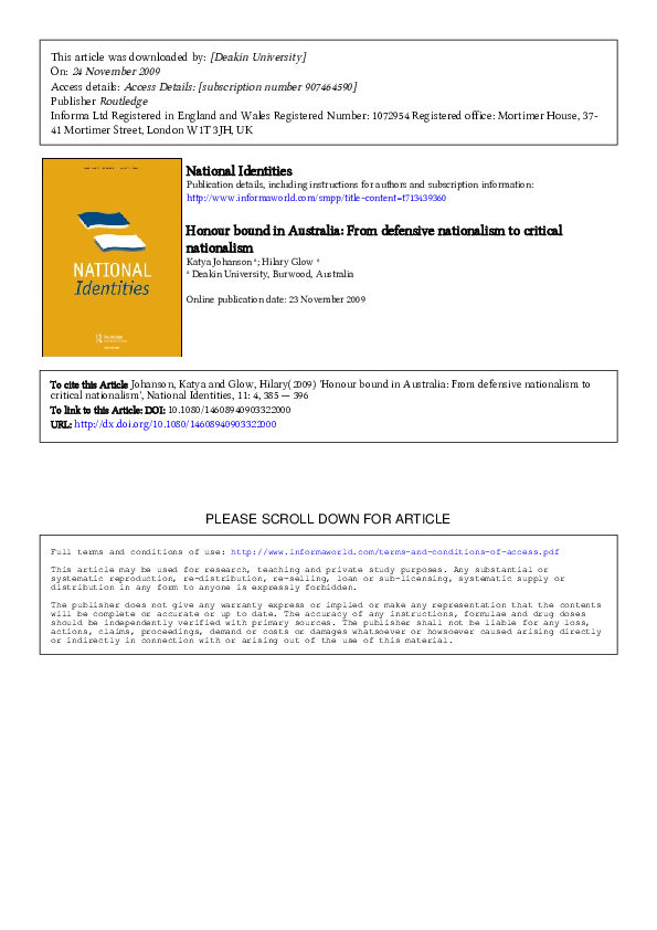 (PDF) Honour bound in Australia: From defensive nationalism to critical ...