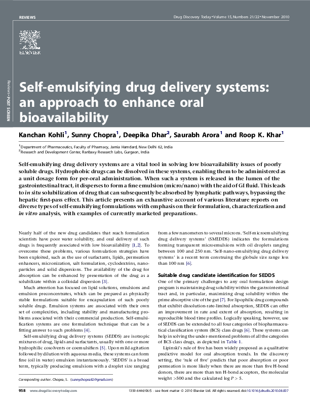 (PDF) Self-emulsifying drug delivery systems: an approach to enhance ...