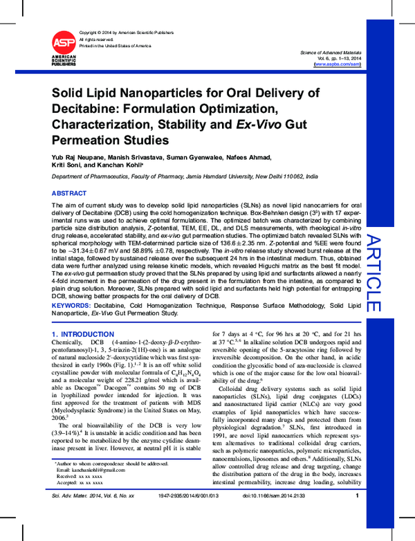 Pdf Solid Lipid Nanoparticles For Oral Delivery Of Decitabine Formulation Optimization
