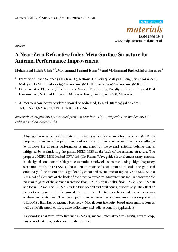 (PDF) A Near-Zero Refractive Index Meta-Surface Structure for Antenna ...