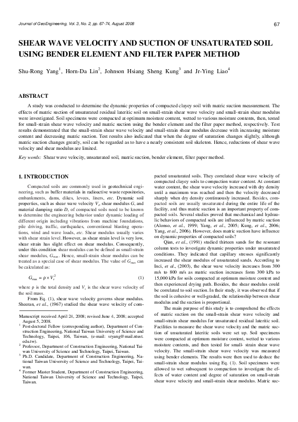 (PDF) SHEAR WAVE VELOCITY AND SUCTION OF UNSATURATED SOIL USING BENDER ELEMENT AND FILTER PAPER ...