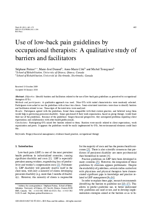 (PDF) Use of low-back pain guidelines by occupational therapists: A ...