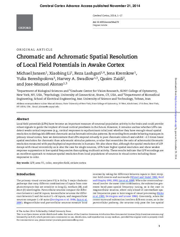 (PDF) Chromatic and Achromatic Spatial Resolution of Local Field Potentials in Awake Cortex