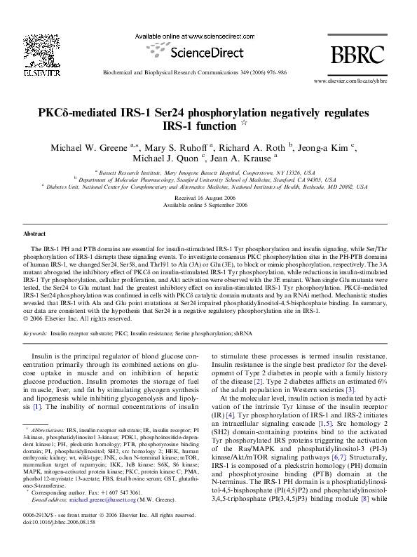 (PDF) PKCδ-mediated IRS-1 Ser24 phosphorylation negatively regulates ...
