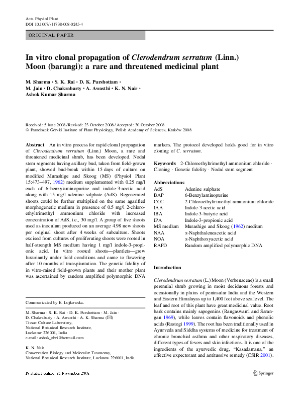 (PDF) In vitro clonal propagation of Clerodendrum serratum (Linn.) Moon ...