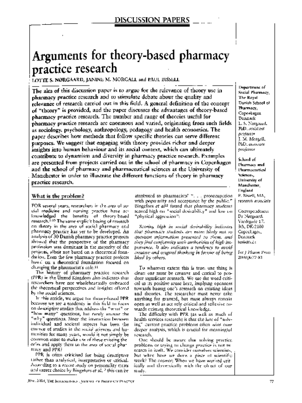 (PDF) Arguments for theory‐based Pharmacy Practice research