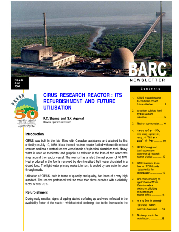(PDF) Cirus Research Reactor: Its Refurbishment and Future Utilisation