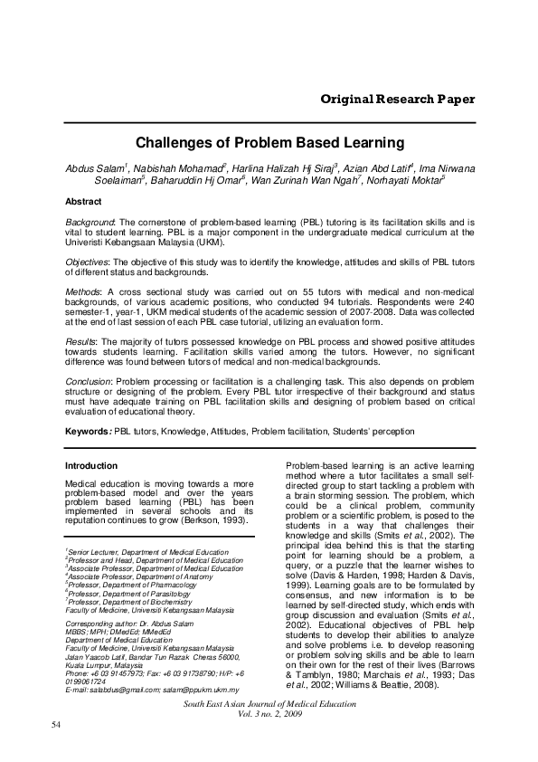 (PDF) Challenges of Problem Based Learning
