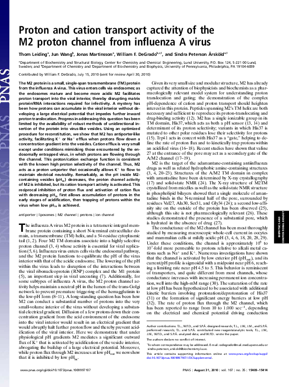 (PDF) Proton and cation transport activity of the M2 proton channel ...