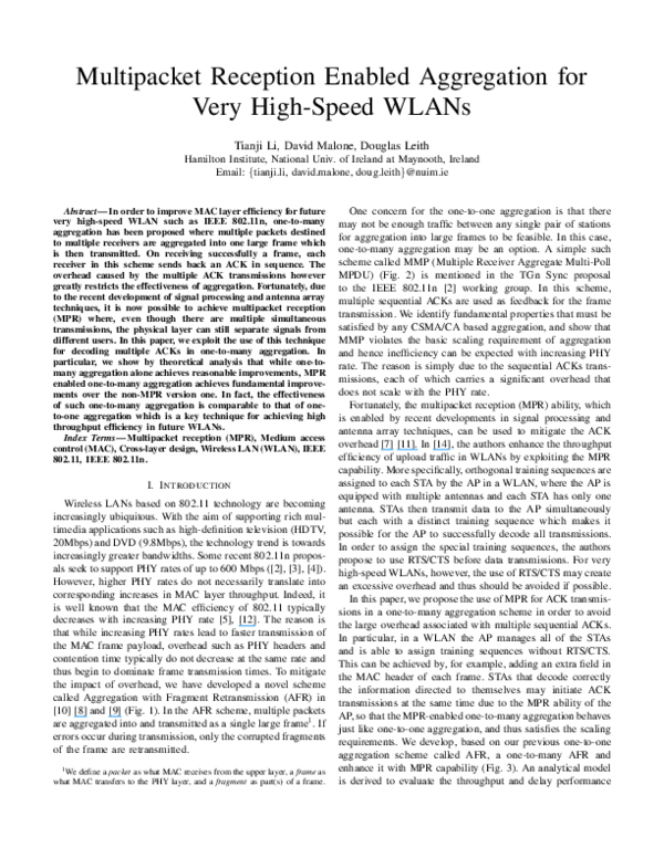 (PDF) Multipacket Reception Enabled Aggregation for Very High-Speed WLANs