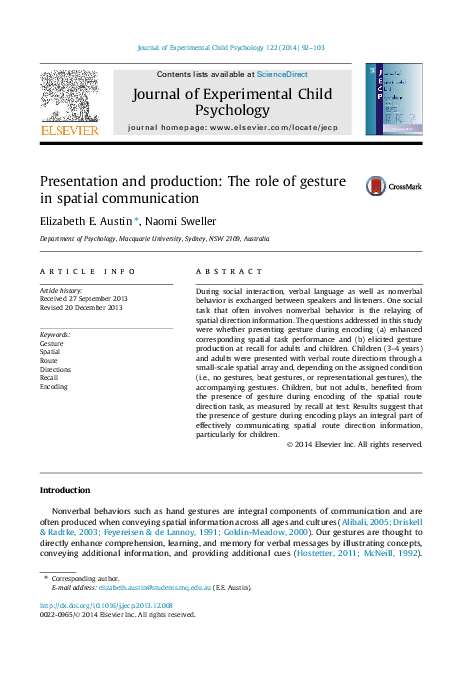 (PDF) Presentation and production: The role of gesture in spatial ...