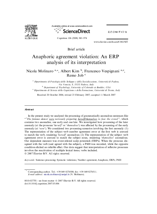 (PDF) Anaphoric agreement violation: An ERP analysis of its interpretation