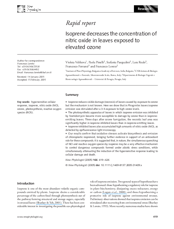 (PDF) Isoprene decreases the concentration of nitric oxide in leaves ...