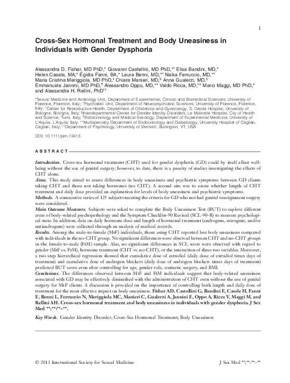(PDF) Cross-Sex Hormonal Treatment and Body Uneasiness in Individuals ...