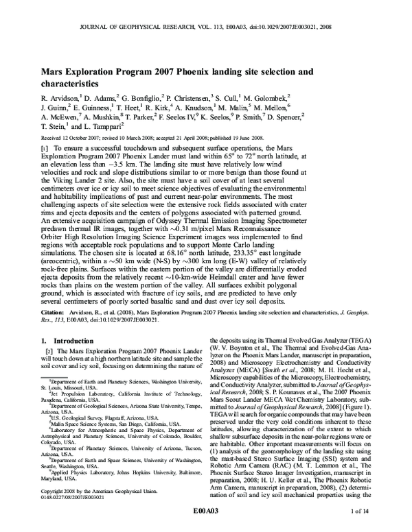 (PDF) Mars Exploration Program 2007 Phoenix landing site selection and ...
