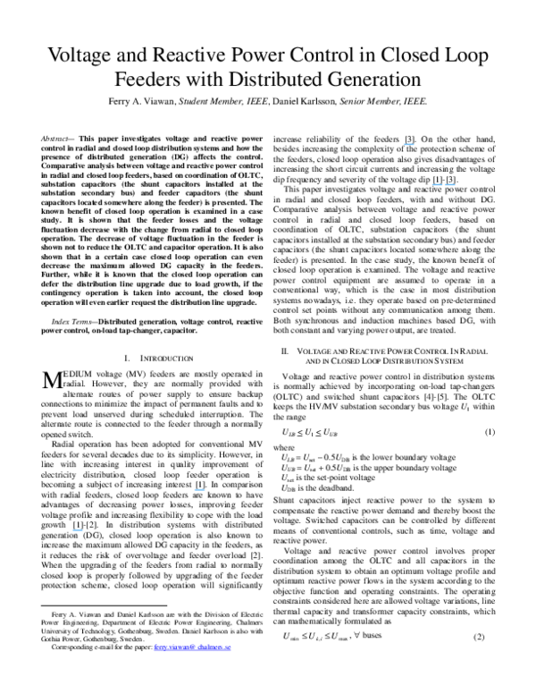 Pdf Voltage And Reactive Power Control In Closed Loop Feeders With
