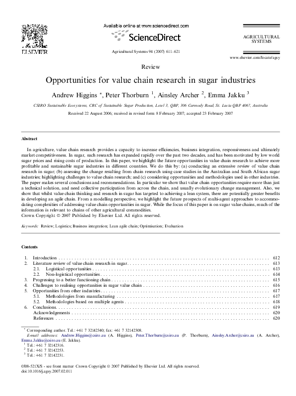 (PDF) Opportunities for value chain research in sugar industries