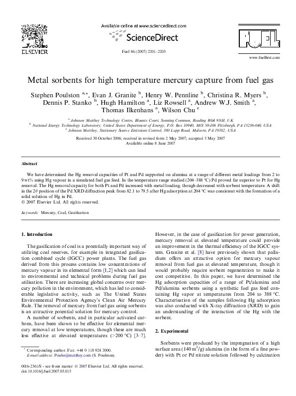 (PDF) Metal sorbents for high temperature mercury capture from fuel gas