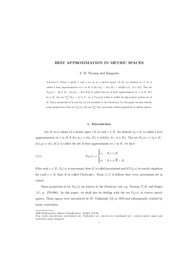Pdf Best Approximation In Metric Spaces