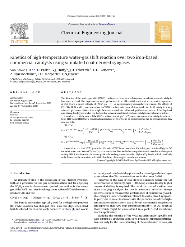 (PDF) Kinetics of high-temperature water-gas shift reaction over two ...